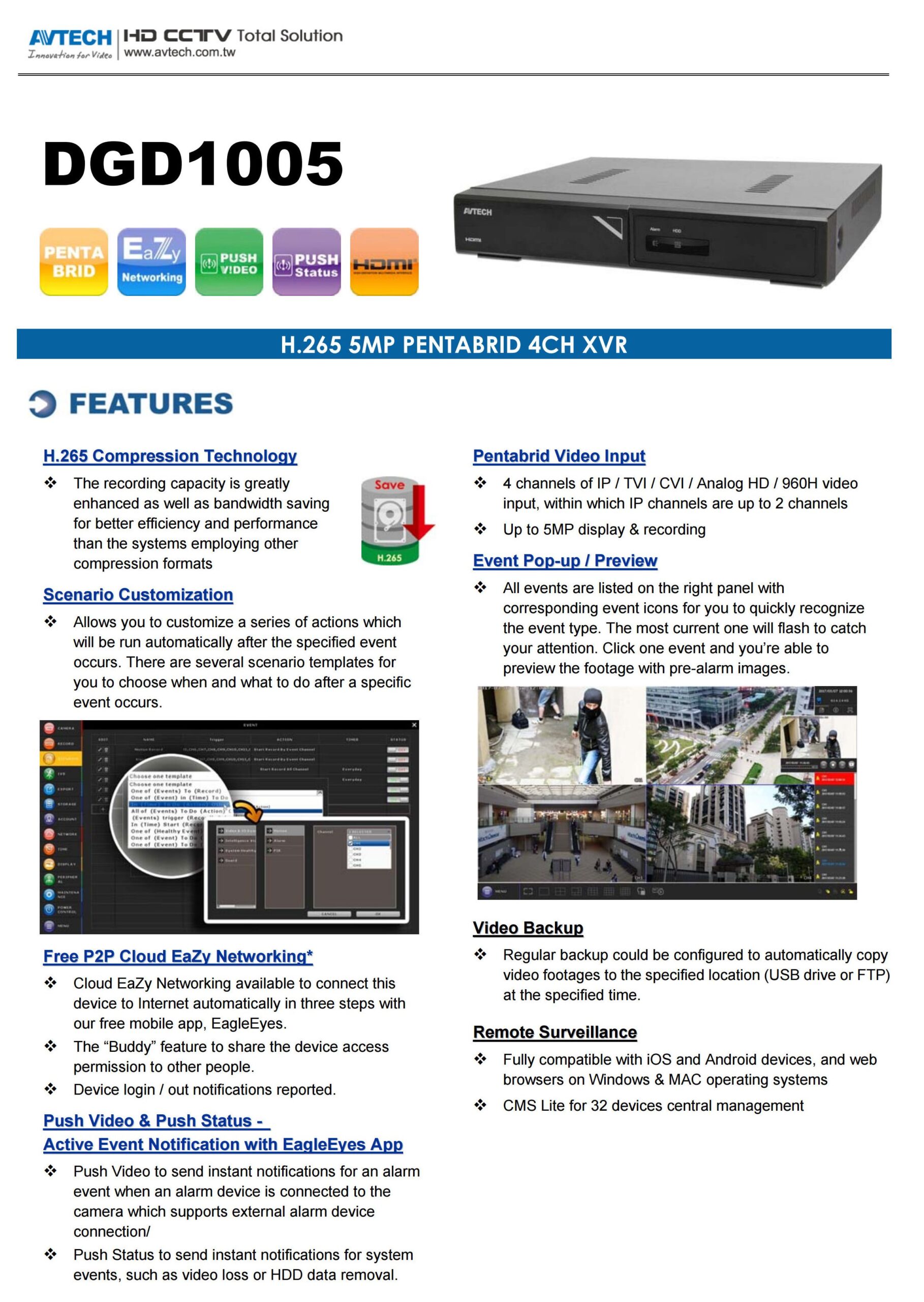 AVTECH 4 CHANNEL 5MP XVR – DGD1005 – Micro Zone